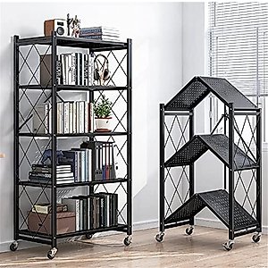 NIUYAO 5 Tier Foldable Shelving Unit with Wheels, Freestanding Metal Storage Shelf Heavy Duty Standing Shelves Units for Home Kitchen Bakers Closet Pantry -Black 28" L x 14.4" W x 64.2" H