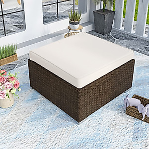 HOMPUS Outdoor Patio Furniture Wicker Ottoman w Beige Cushion for Garden, Pool, Backyard