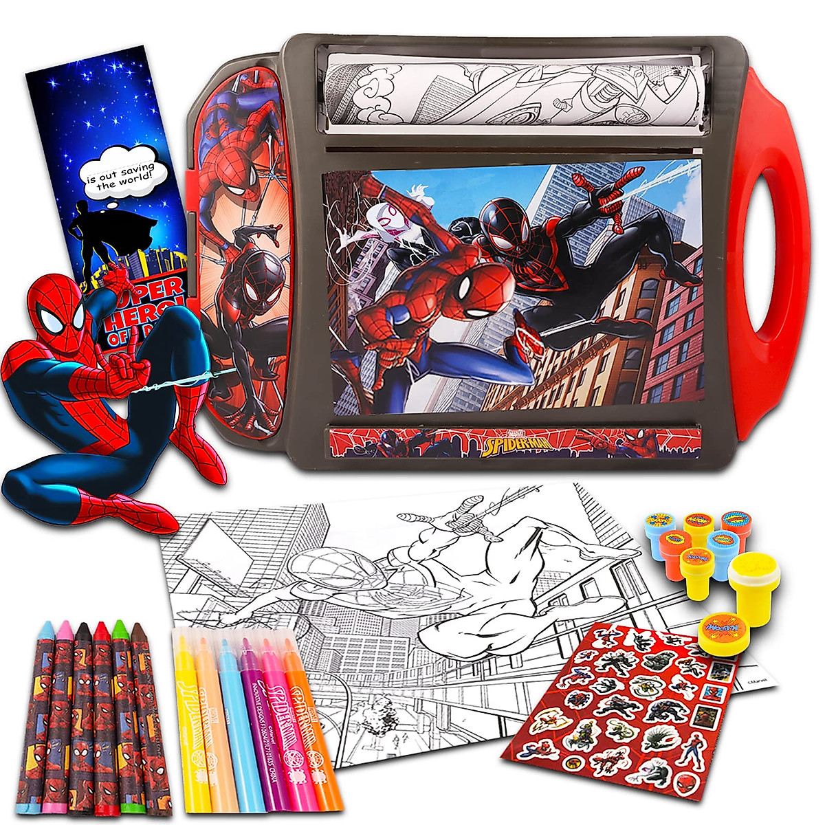 Beach Kids Marvel Spiderman Art Desk Set - Spiderman Lap Desk Bundle with Coloring Pages, Coloring Utensils, Stickers and More (Superhero Arts and Crafts)