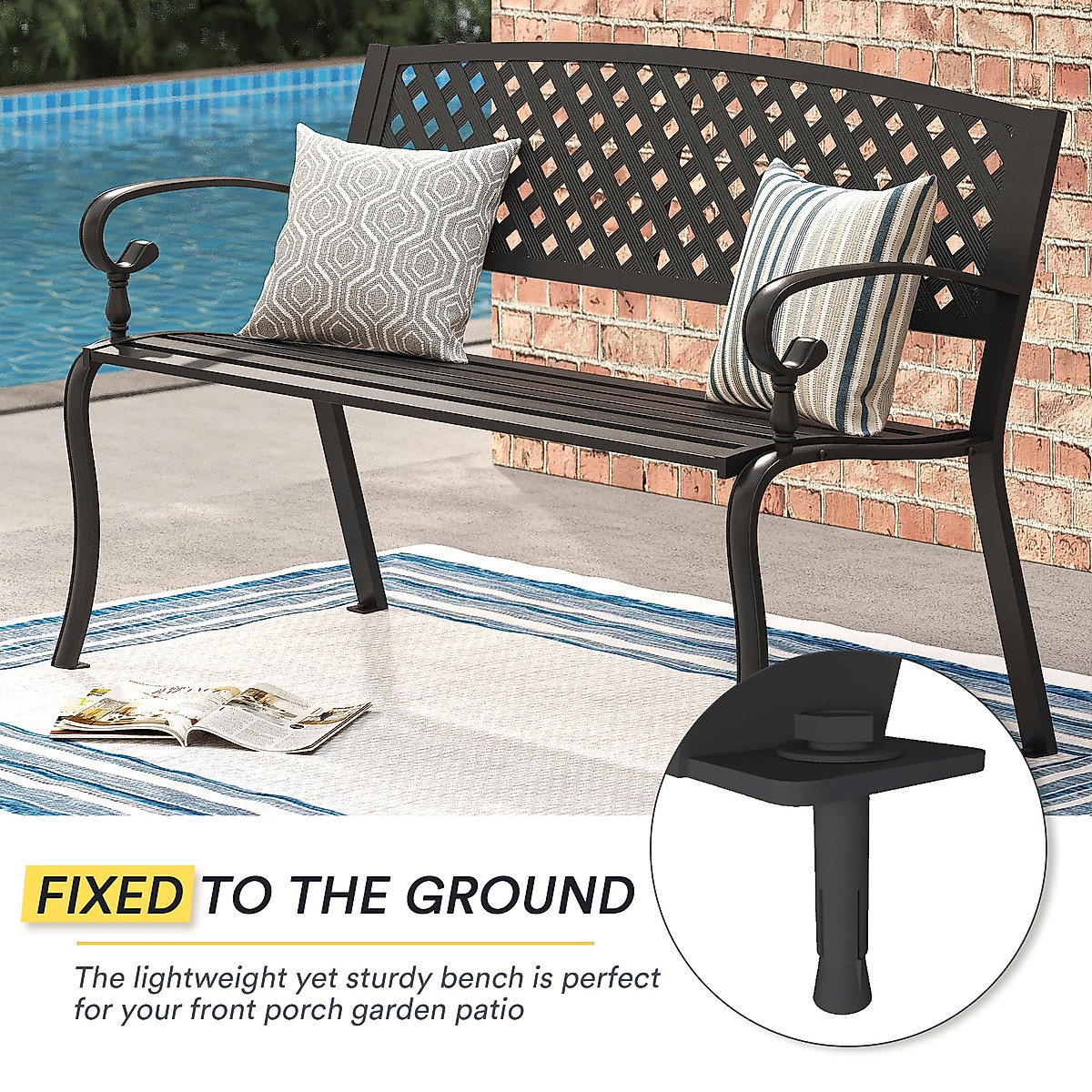 VICLLAX Outdoor Garden Bench, 50” Long Metal Patio Bench with Backrest and Armrests, Modern Slatted Black Park Bench for Front Porch, Lawn, Yard, Garden, Crossed Rhombic Back