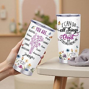 Inspirational Christian Tumbler With Name, 20 oz, Floral Design with Butterflies, Personalized Double Wall Insulated Travel Cups