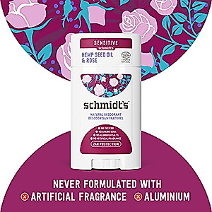 Schmidt's Aluminum Free Natural Deodorant for Women and Men, Hemp Seed Oil & Rose for Sensitive Skin with 24 Hour Odor Protection, Vegan, Cruelty Free 3.25 oz(Packaging may vary)