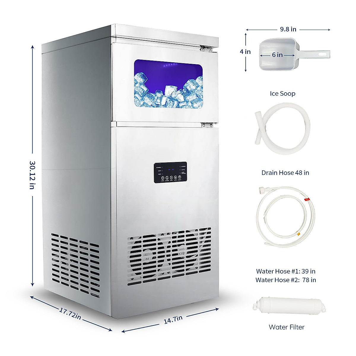 Commercial Ice Maker Machine, 130lbs/24H Under Counter ice Machine with 36lbs Ice Storage Capacity, 50 Ice Cubes/Cycle Stainless Steel Freestanding Ice Maker, Intelligent Operation, Automatic Cleaning