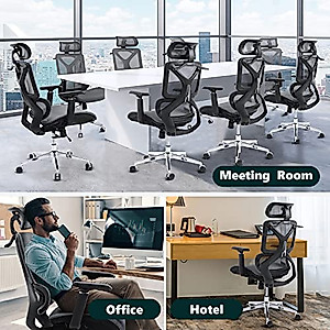 Memobarco Office Chair, Ergonomic Office Chair with Lumbar Support, Adjustable Seat Depth, Headrest, Armrests, Tilt Function, Mesh Executive Office Chairs for Home, Meeting, Conference, Hotel, Gray