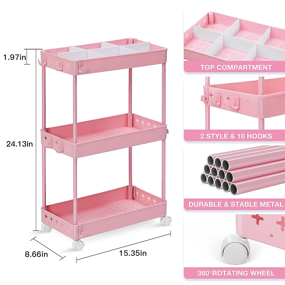 KINGRACK 3 Tier Rolling Utility Storage Cart with Adjustable Dividers, Multi-Purpose Storage Cart, Craft Art Cart Trolley Organizer, Slide Out Cart for Bedroom Bathroom Laundry Kid's Room, Pink