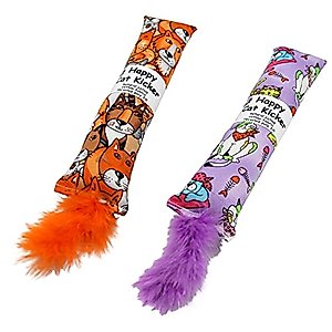 Jumpaws 2 Pack Natural Interactive Catnip Cat Kicker with Feathers, Bite Resistant Chew Toy, Crinkle Kicker, Accessories for Indoor Cat