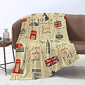 DUISE All Seasons 60" x 80" Soft Plush Cozy Throw Blanket Retro Style UK London Theme with Inscriptions British Symbols Landmarks and Flag Throw Blanket for Bed Sofa Bedspread