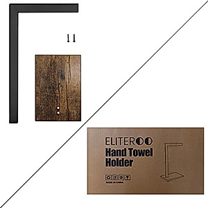 ELITEROO Hand Towel Holder for Bathroom, Hand Towel Stand with Wood Base, L-Shape Hand Towel Rack for Vanity Countertop, Kitchen Counter, Rustic Black and Brown