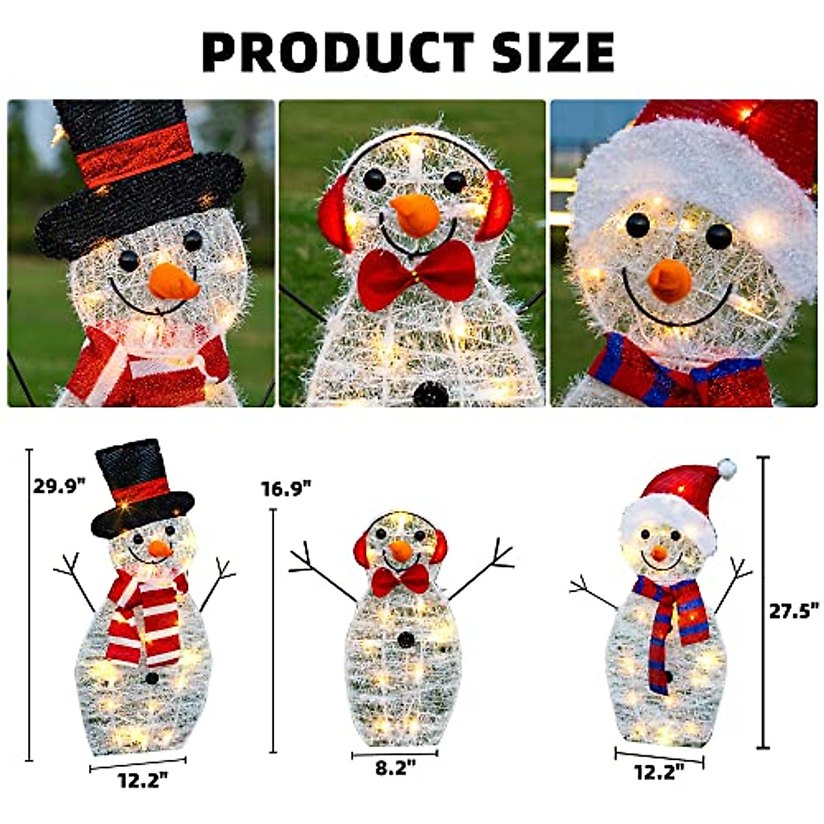 HOURLEEY Christmas Decoration 55 L Lighted Snowman Family Outdoor, 3-Piece Waterproof Plug in 2D Snowman for Yard Patio Lawn Garden Party Decor 20.5X9X29.5Inch-Large (Warm White)