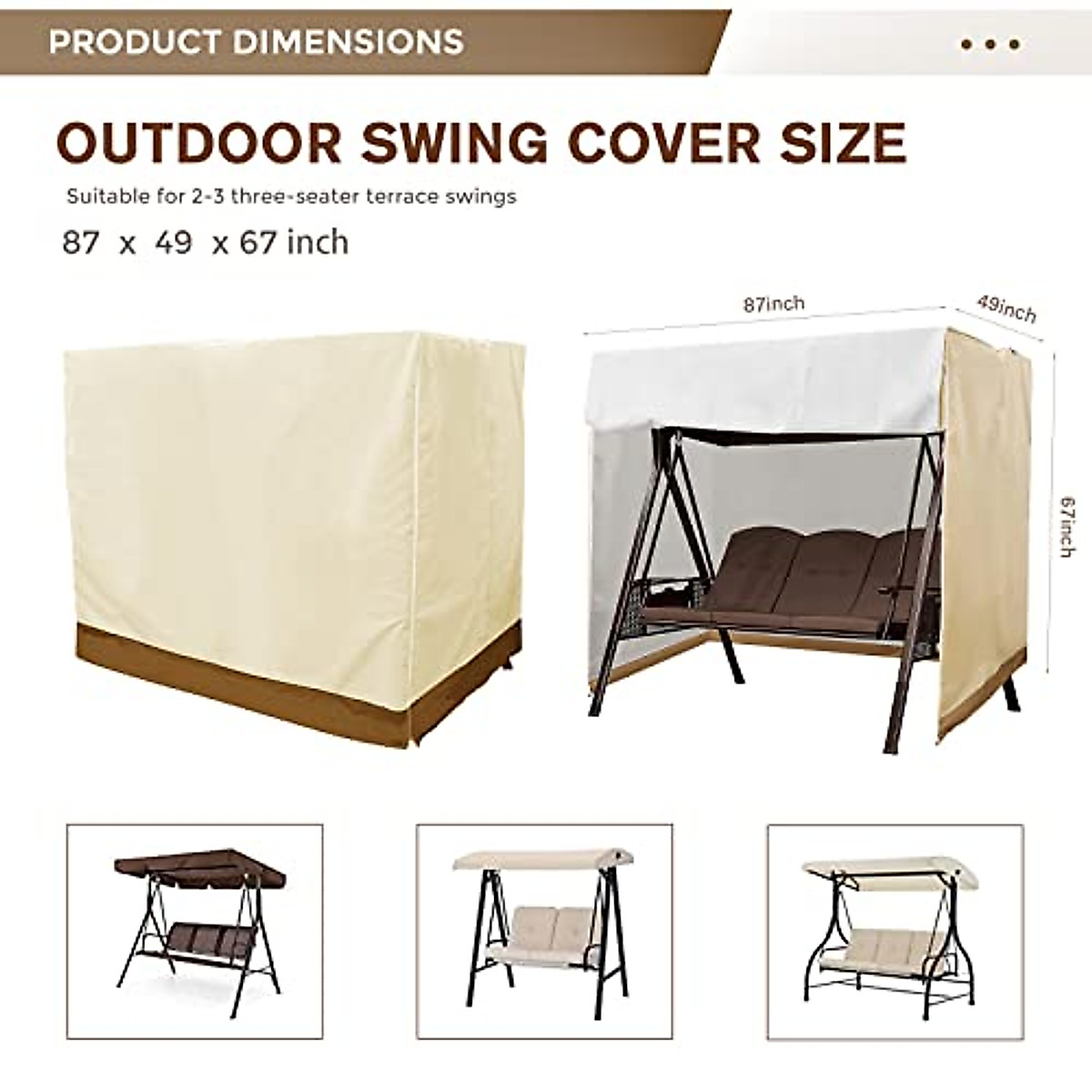 Quekehis Outdoor Swing Cover Waterproof 3 Seater Hammock Cover Patio Swing Chair Cover Garden Glider Cover Porch Swing Cover for Outdoor Furniture All Weather Protection Beige