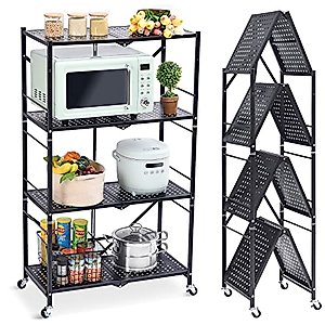 TOOLF 4-Shelf Foldable Storage Shelves with Wheels, Large Capacity Shelving Unit, Freestanding Metal Rack, 1 Piece, Black
