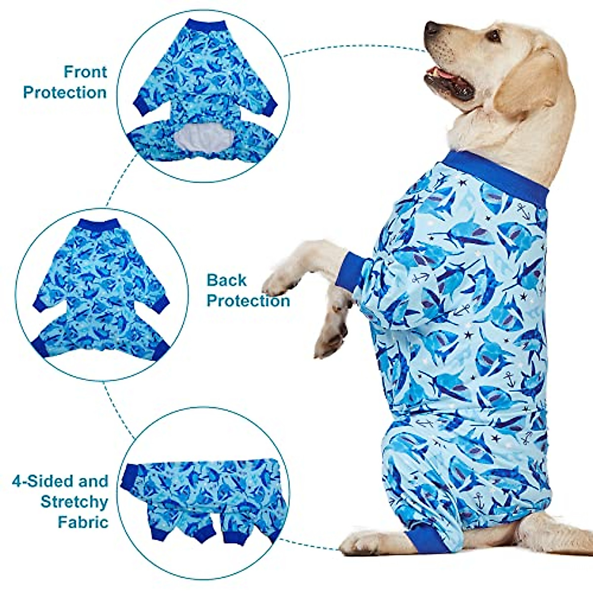 LovinPet Clothes for Great Dane Dogs: Pjs for Large Dogs, Lightweight Onesie, Sea Shark Action Print, Dog Clothing, UV Protection, Easy Wearing Adorable Dog Jumpsuit/Large
