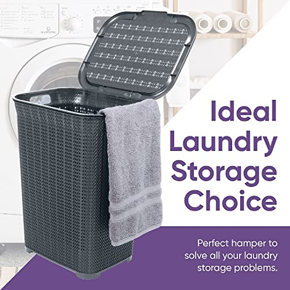 Wicker Laundry Hamper With Lid 50 Liter - Grey Laundry Basket 1.40 Bushel Durable Bin With Cutout Handles - Easy Storage Dirty Cloths in Washroom Bathroom, Or Bedroom. By Superio