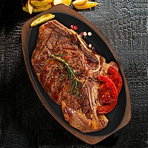 Cast Iron Steak Plate Sizzle Griddle, Round Shape Grill Fajita Server Plate, with Wooden Base Steak Pan, Household use or Restaurant Supply (12" Diameter)