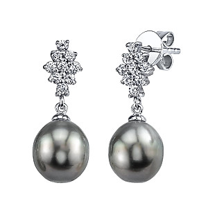 THE PEARL SOURCE 9-10mm Genuine Black Tahitian South Sea Cultured Pearl & Cubic Zirconia Gina Earrings for Women