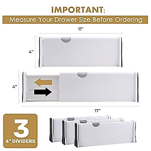 RAPTUROUS Adjustable Drawer Dividers 3 Pack, 4” High, 11-17” Long, Dresser Drawer Divider for Bedroom, Closet, Kitchen, Nursery Organization, Office, Strong & Sturdy Hold, Soft Foam Edges（White）