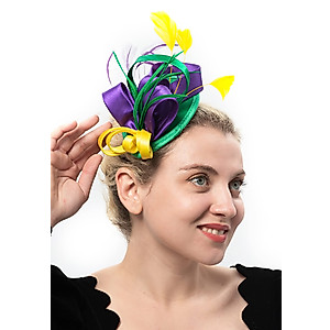 FELIZHOUSE Mardi Gras Fascinator Hats for Women Ladies Feather Cocktail Party Hats Bridal Headpieces Ascot Fascinator Headband (Satin Mardi Gras)