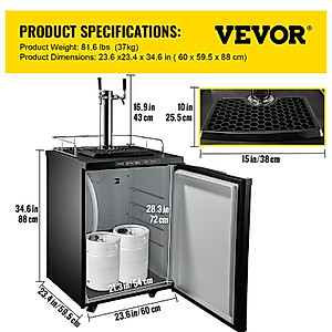 VEVOR Kegerators Beer Dispenser, Full Size Beer Kegerator Refrigerator, Double Taps Direct Draw Beer Dispenser w/LED Display, 23-83℉ Adjustable Dual Kegerator w/Complete Accessories, Black