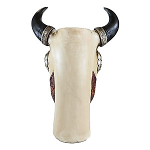 Ebros Gift Colorful Southwestern Native Indian Cow Skull with Turquoise Cross and Faux Tooled Leather Mask Desktop Floral Flower Vase Planter Figurine Wildlife Bisons Bulls Spirit Totem Accent