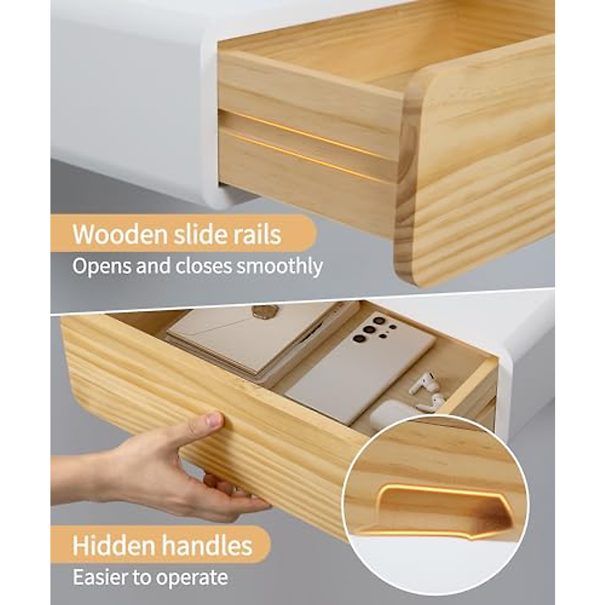 SUMGAR Floating Nightstand White with Drawers Modern Bedside Table Organiser Fully Assembled Shelf Small Spaces Wall Mounted Storage Wood Furniture for Bedroom Home Decor