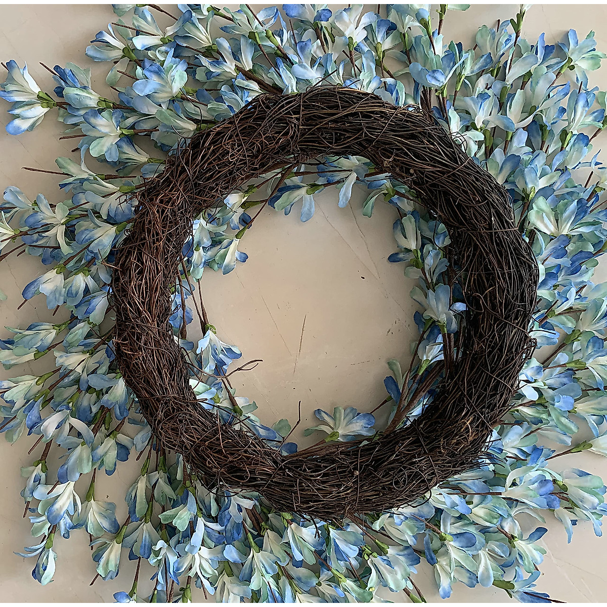 Blue Forsythia Door Wreath Summer Front Door Wreath 24Inch Blue Cream Cluster Wreath on Farmhouse Grapevine Wreath Blossom Cluster for Festival Celebration Front Door Wall Window Christmas Home Décor