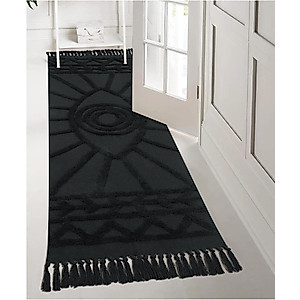 Uphome Hallway Runner Rug 2'x6' Washable Evil Eye Tufted Boho Rug with Tassels Soft Cotton Woven Kitchen Rugs Farmhouse Aesthetic Dark Gray Accent Rug for Living Room Laundry Room Bedroom