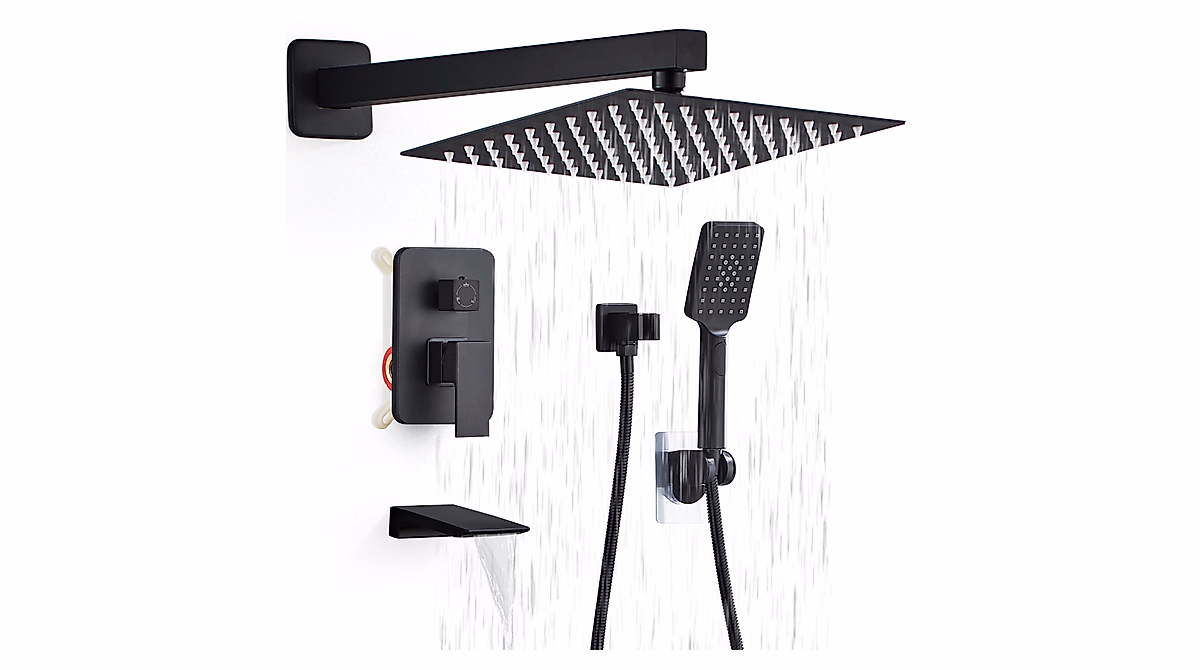 LCEVCGK Shower Faucet Set Complete Matte Black Shower System with 10 inch Square Rainfall Shower ...