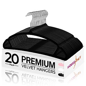 HOUSE DAY Black Velvet Hangers 20 Pack, Luxury Felt Hangers Non Slip Clothes Hangers, Space Saving Black Hanger Heavy Duty Coat Hanger, No Shoulder Bump Focked Hanger with 360° Swivel Hook for Closet