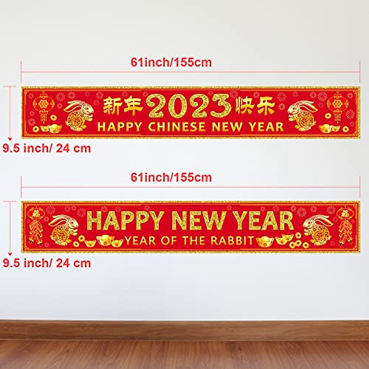 Chinese 2023 New Year Decorations, New Year Party Suppliers Year of the Rabbit Party Banner with 20 Glue Point Dots, Chinese New Year Red