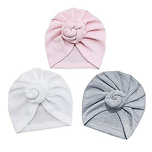 Asufegucd 5 Pieces Baby Turban Hats Turban Bun Knot Baby Infant Beanie Baby Girl Soft Toddler Cap Waffle Style (Girls 5pcs)