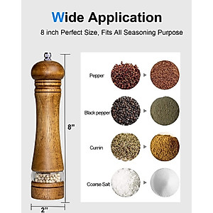 TooWoom Pepper Grinder Salt Grinder Wooden Pepper Mill Grinder w/Adjustable Coarse, 8 inch Tall Wood Refillable Manual Pepper Grinder Mill Peppermill for Black Peppercorn, Easy Clean w/Cleaning Brush