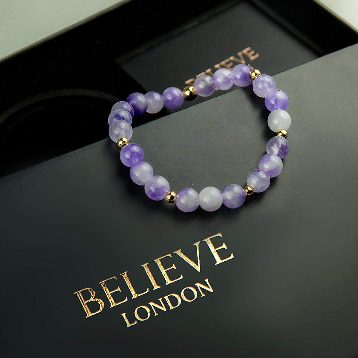 Believe London Co. 6mm Amethyst Beaded Bracelets - Natural Stone Elastic Crystal Bracelet for Women/Men - Long Distance Relationship Gifts - Stress Relief, Healing Crystals & Anxiety Relief