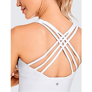 CRZ YOGA Strappy Longline Sports Bras for Women - Wirefree Padded Criss Cross Yoga Cropped Tank Tops White Medium