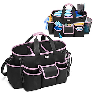LoDrid Cleaning Caddy Bag with Handle and Shoulder Strap, Cleaning Supplies Organizer for Cleaning Work with 3 Compartments and Multifunctional Pockets, Black with Pink Edge