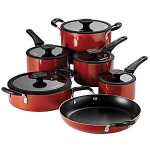 Tramontina Aluminum Non Stick 11-Piece Nesting Pots and Pans Set with Lids - Red, Kitchen Nonstick Cookware Set, Dishwasher and Oven Safe