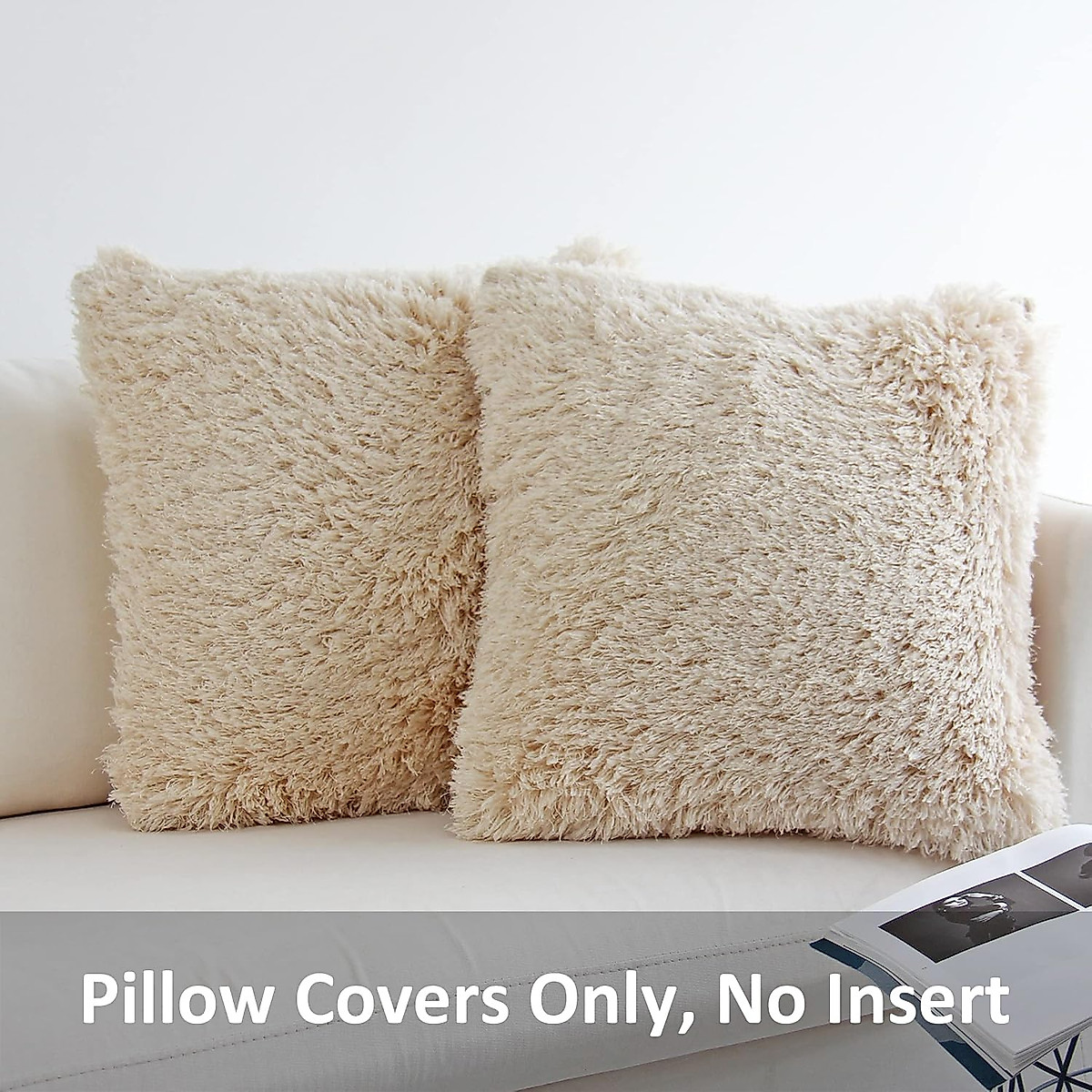 JOJUSIS Fluffy Decorative Throw Pillows Covers 18x18 Inch Luxury Soft Faux Fur Fleece Cushion Cover Pillowcase Pack of 2 Beige