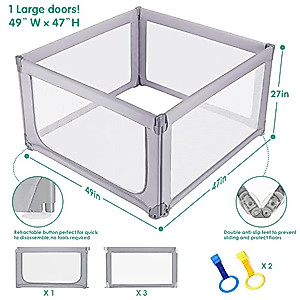 Baby Playpen, Kidirect Foldable Baby Playard, Indoor & Outdoor Kids Activity Center with Anti-Slip Base, Sturdy Safety Play Yard with Soft Breathable Mesh, Playpen for Babies(Gray,47”×49”)