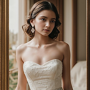 BriLove Wedding Bridal Clip On Earrings for Women Rhombus Crystal Simulated Pearl Hollow Chandelier Dangle Earrings Clear Gold-Toned