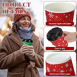 Ziliny 200 Pcs Christmas Coffee Cups with Lids 12 oz Hot Drink Cups Xmas Snowflake Paper Cups Disposable Large Hot Beverage Cups for Water Tea Office Home Drink Travel(Red, Green)
