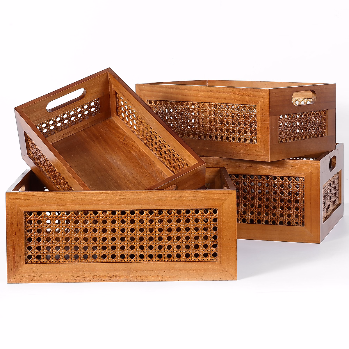 LaMorée Wooden Storage Basket Set of 4 Handmade Rattan Drawer Storage Box with Frame & Handles Decorative Natural Bamboo Woven Bins Rustic Farmhouse Decor Home Office Tabletop Shelf Organizer