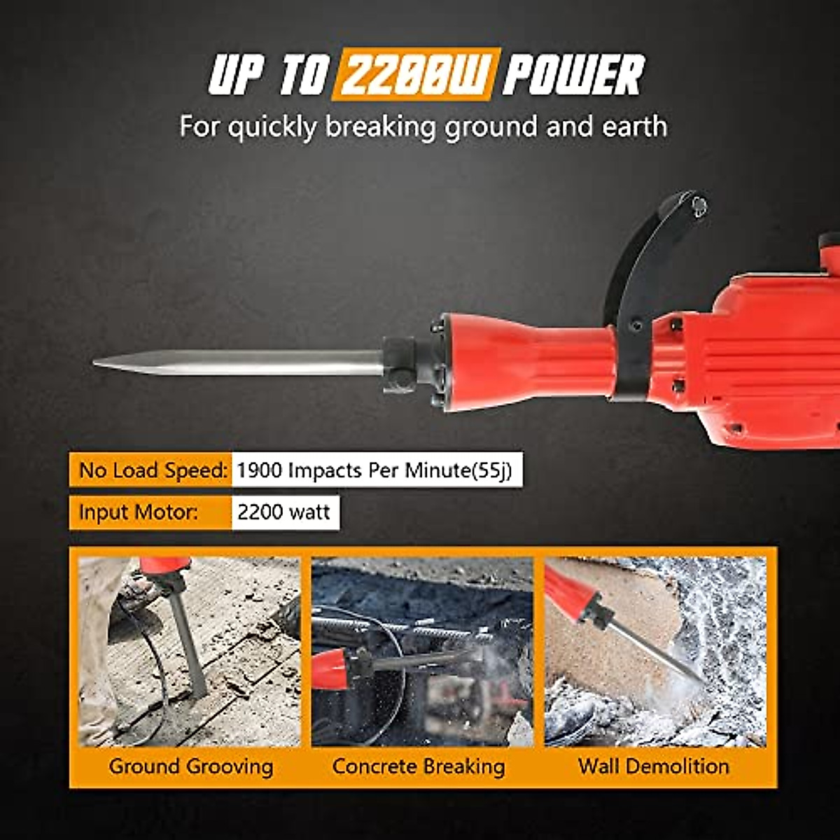 F2C 2200W Heavy Duty Electric Demolition Jack Hammer Concrete Breaker Power Tool Kit 2 Chisel 2 Punch Bit Set W/Case, Gloves