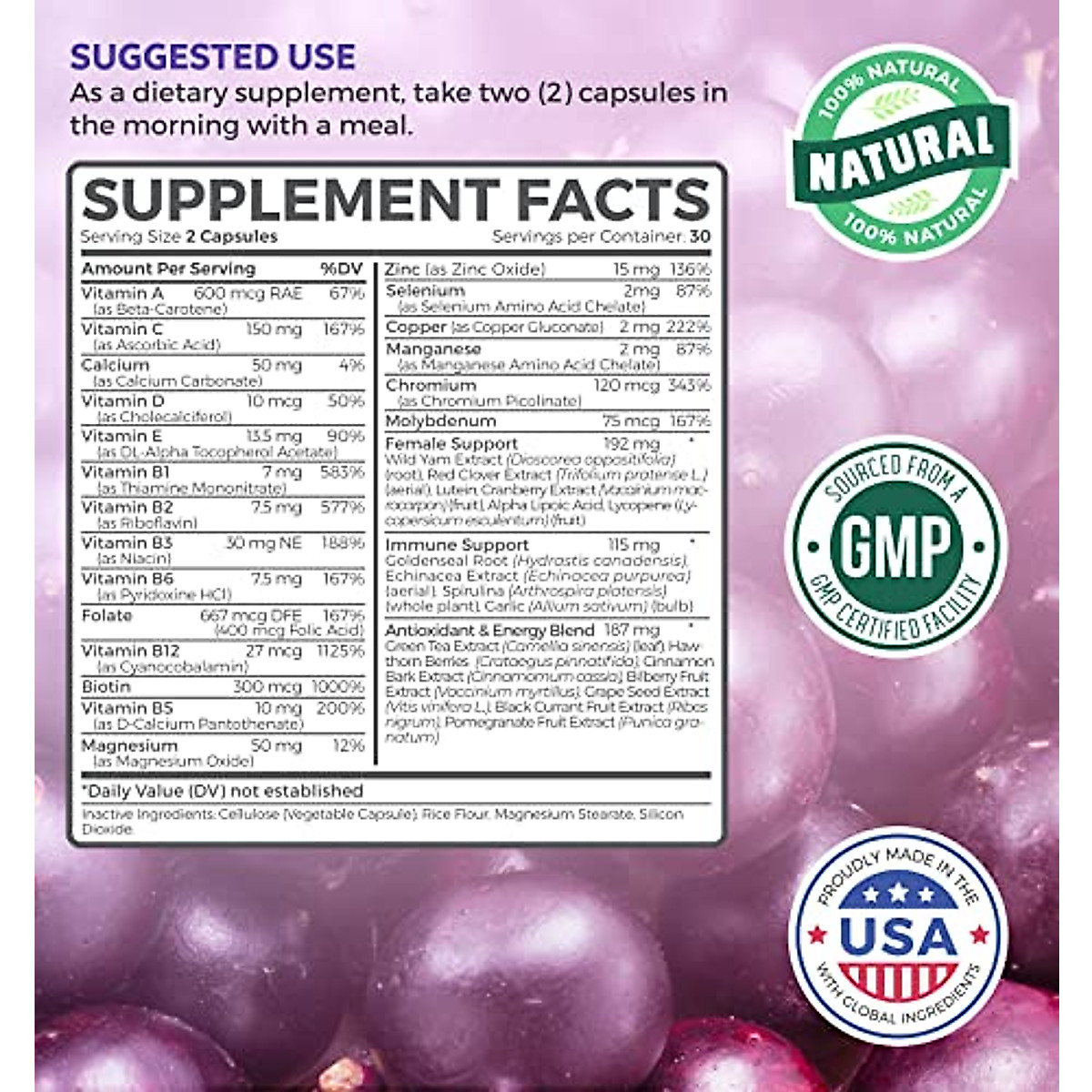 Multivitamin for Women (Non-GMO) Daily Womens Multivitamin + Multi Mineral for Energy Boost, Antioxidants, Hair & Eye Health - with Biotin, Zinc, Magnesium and Lutein - Vitamins & Herbs - 60 Capsules