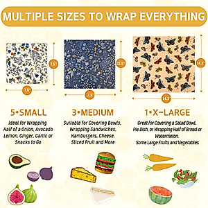 Reusable Beeswax Wrap - 9 Pack Beeswax Wraps for Food, Eco-Friendly Beeswax Food Wraps, Bread Sandwich Wrapper - Organic, Sustainable, Zero Waste, Reusable Plastic-Free Food Storage Wrap, 1XL, 3M, 5S