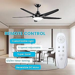 CJOY Ceiling Fan with Lights for Living Room, 53 Inch Modern Ceiling Fan with 5 Reversible Blades, Dimmable LED, Remote Controls, Black Ceiling Fan Bedroom, Outdoor Ceiling Fans for Patios, 6-Speed