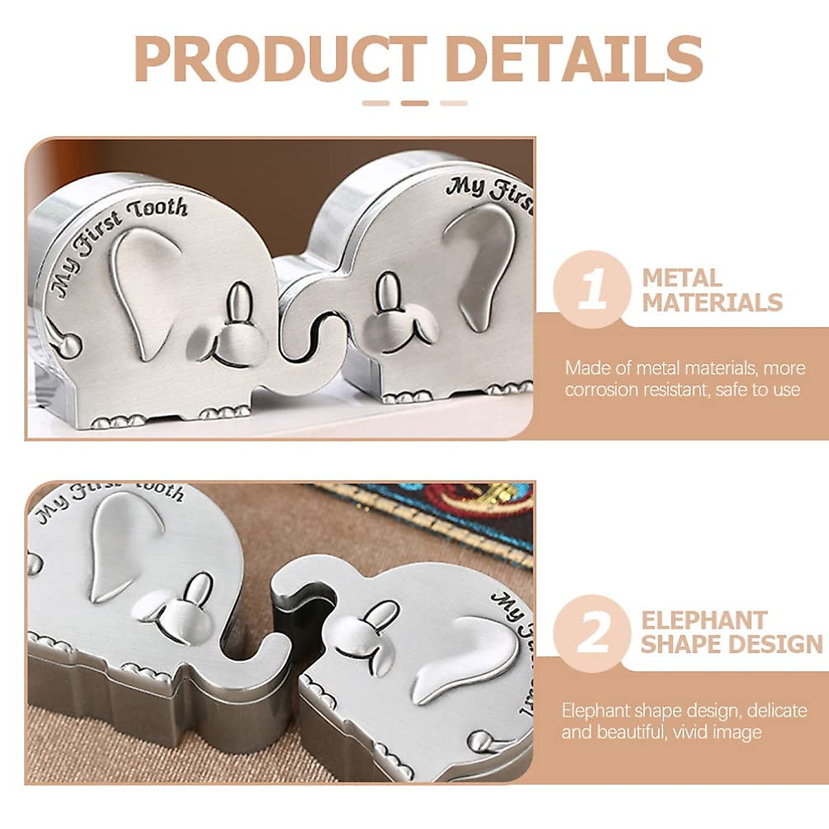 Kisangel Baby Tooth Holder Keepsake Save Origanizer Box Metal Elephant Baby First Tooth and Curl Container Storage Box Teeth for Baby Shower Fairy Souvenir