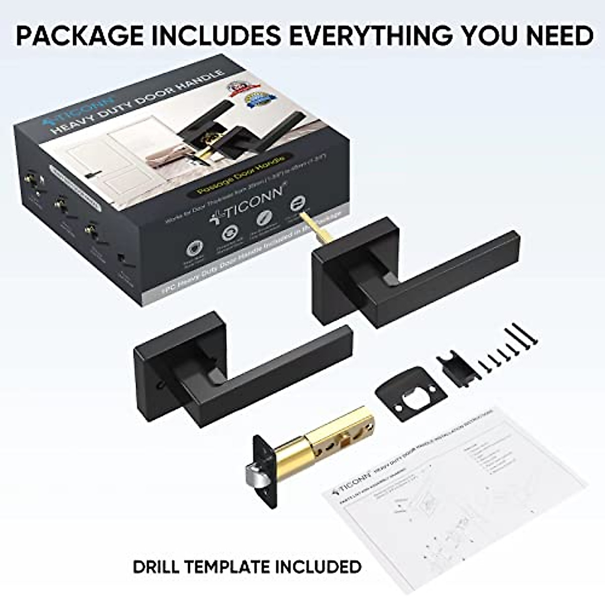 TICONN 2Pk Door Handle Heavy Duty, Reversible Square Door Lever for Bedroom, Bathroom and Rooms (Black, Passage, 2 Pack)