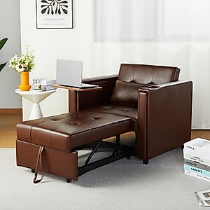 AVZEAR Sofa Bed, 4-in-1 Convertible Single Sofa Chair Bed with Pillow, Multi-Functional Sleeper Sofa Bed with Adjustable Backrest, Modern PU Sleeper Chair Bed for Apartment Small Space, Brown