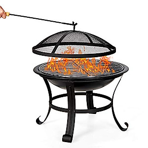DORTALA 22” Steel Fire Pit, Wood Burning Fire Pit w/Round Mesh Spark Screen Cover, Poker and 2 Grate, Steel Fire Pit Bowl w/Grilling Grate Handle Bonfire Patio Backyard Black