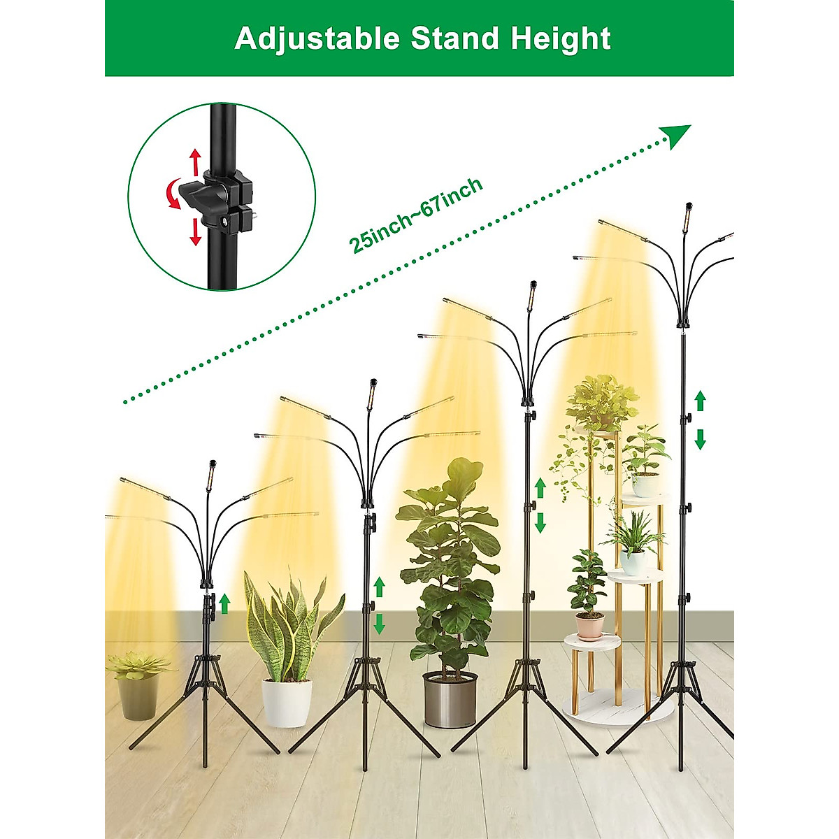 fyheart Grow Lights for Indoor Plants,Full Spectrum Grow Light with Adjustable Stand and Sturdy Clip,5 Light Tube,3 Light Modes,10 Dimmable Brightness,4/8/12 H Timer,360° Gooseneck,Remote Control