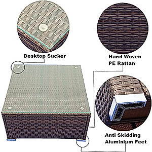 GAOPAN 3 Piece Outdoor Patio Conversation Sectional Couches Furniture Set, Rattan Wicker Garden Corner Sofas with Tempered Glass Top Coffee Table and Removable Soft Cushion, Beige+Brown